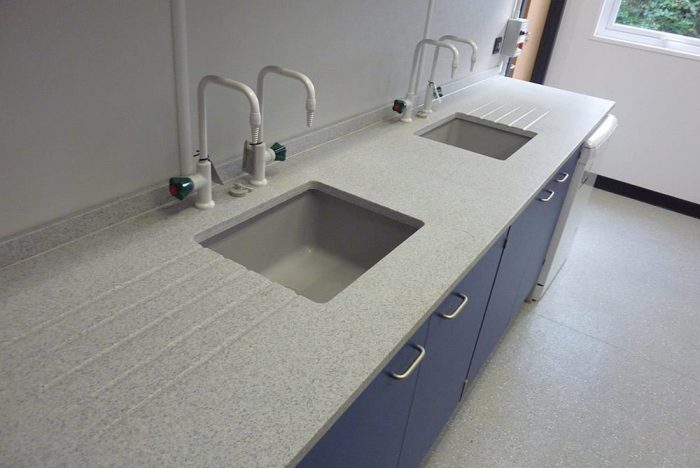School laboratory furniture Velstone worktop and blue doors